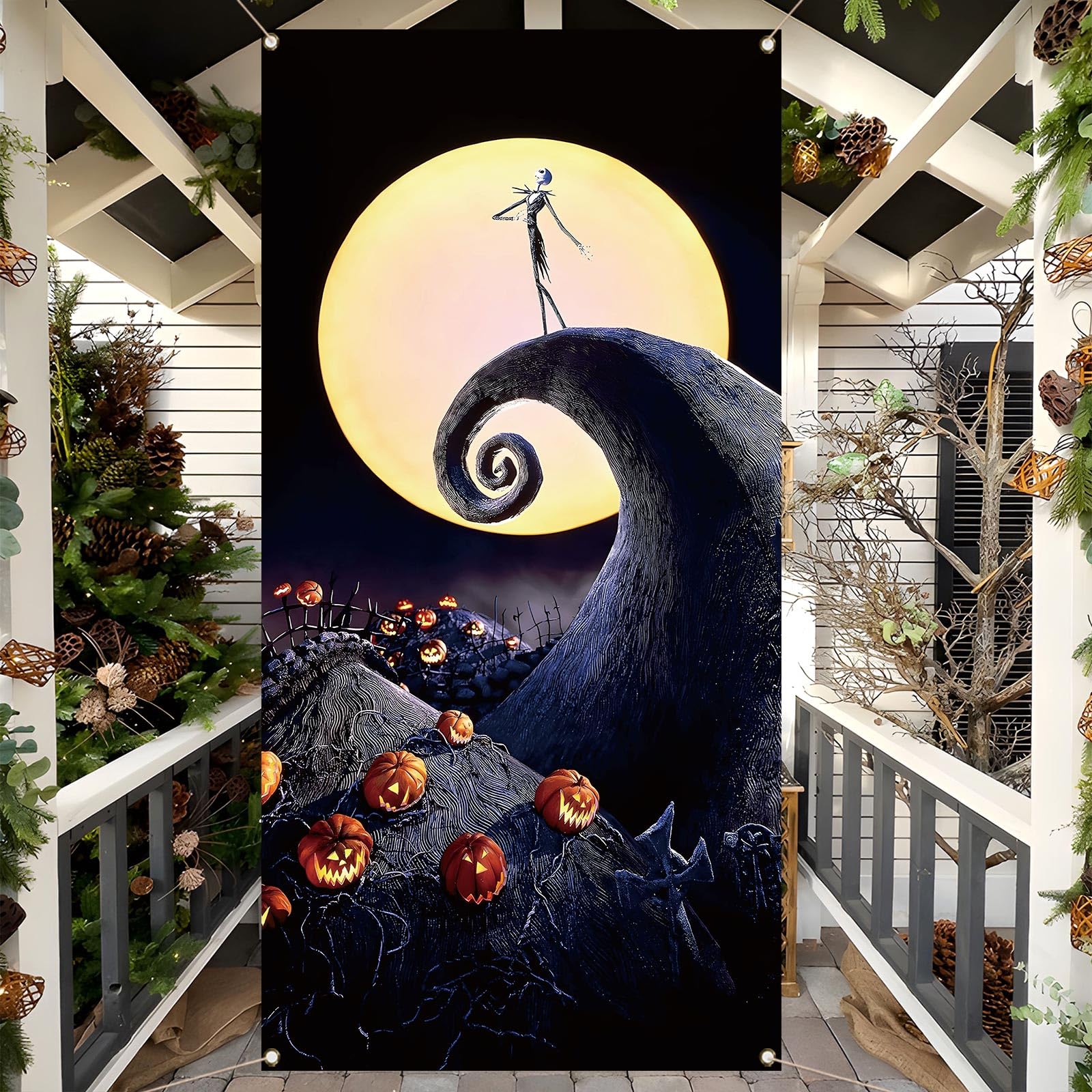 Vohado Nightmare Before Christmas Door Cover Jack Skellington Birthday Party Decoration Moon Hill Scene Halloween Front Porch Banner Decor