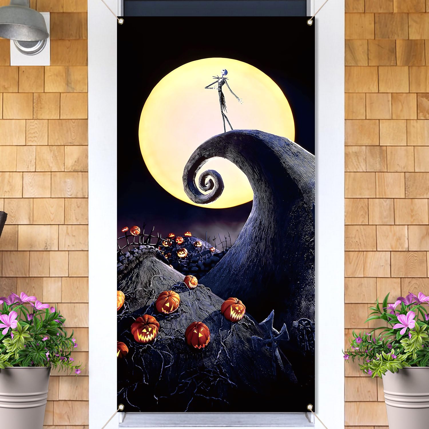 Vohado Nightmare Before Christmas Door Cover Jack Skellington Birthday Party Decoration Moon Hill Scene Halloween Front Porch Banner Decor