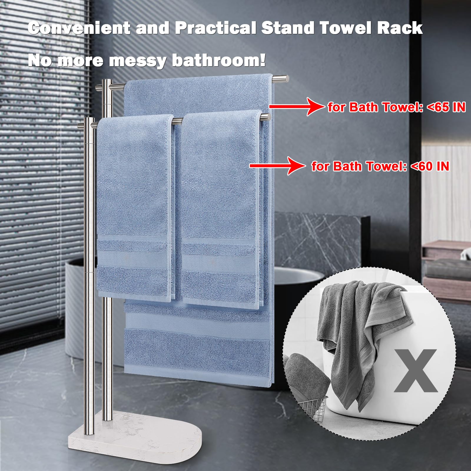 Livabber Standing Towel Rack, 304 Stainless Steel 2-Tier Towel Holder Stand with Marble Base, Modern Stylish Tall Shower Towel Rack for Bathroom Accessories, Pool（Brushed Nickel）