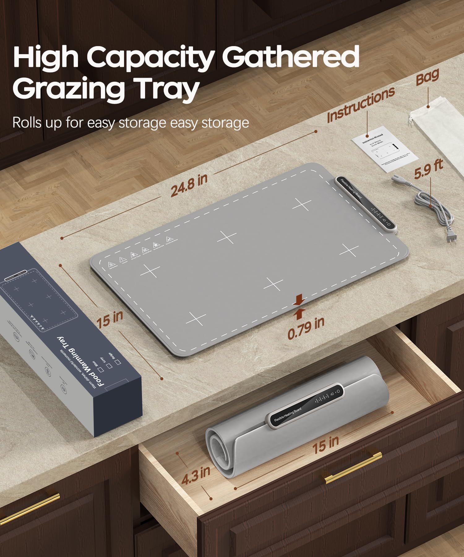 Qimh Food Warming Mat, Electric Warming Tray for Parties Buffet, Full Silicone Surface with 4 Temperature Setting & 10s Rapid Heating, Portable Food Heater for Countertop, Familly Gatherings, Sabbath