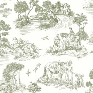 lenify toile wallpaper peel and stick wallpaper line drawing wallpaper 16.9inch x 118.1inch green vintage wallpaper country life self-adhesive removable contact paper for bedroom decorative vinyl