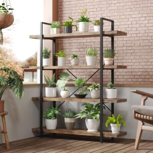 OtterOasis Bookshelf, 4 Tier Book Shelf, Industrial Bookcase for Home and Office, 47" Length Wide Wood Standing Bookshelf Display Open Shelving Rack, Rustic Horizontal Shelves for Living Room Bedroom