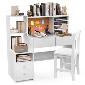 rupolx childrens computer desk with 4 drawers,white kids desk and chair set for 5-12 year old, kids study table with storage shelf-i8undc