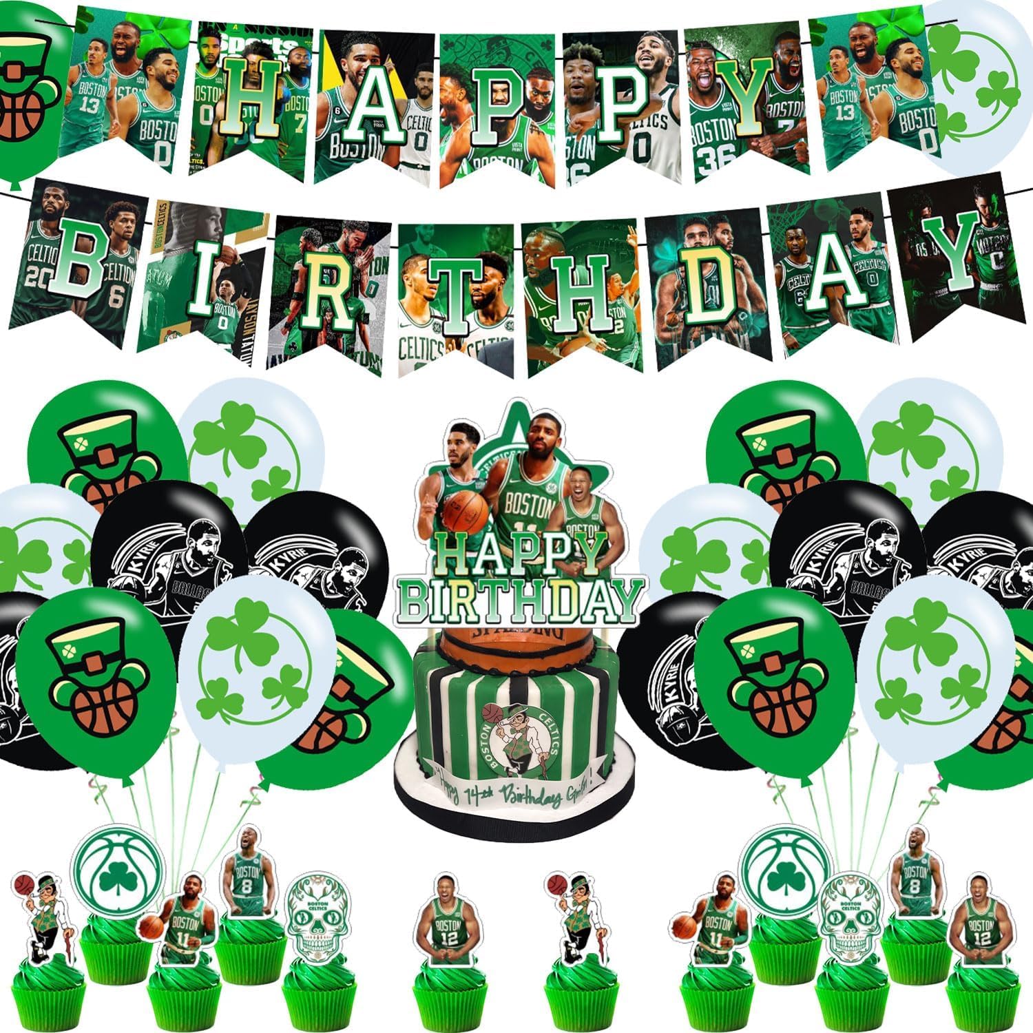 Generic 𝓑𝓸𝓼𝓽𝓸𝓷 𝓒𝓮𝓵𝓽𝓲𝓬𝓼 Basketball Theme Party Supplies Birthday Decorations,Celtics Basketball Party Supplies Include Banner, Cake Toppers,Balloons for Birthday Party Supplies, Orange