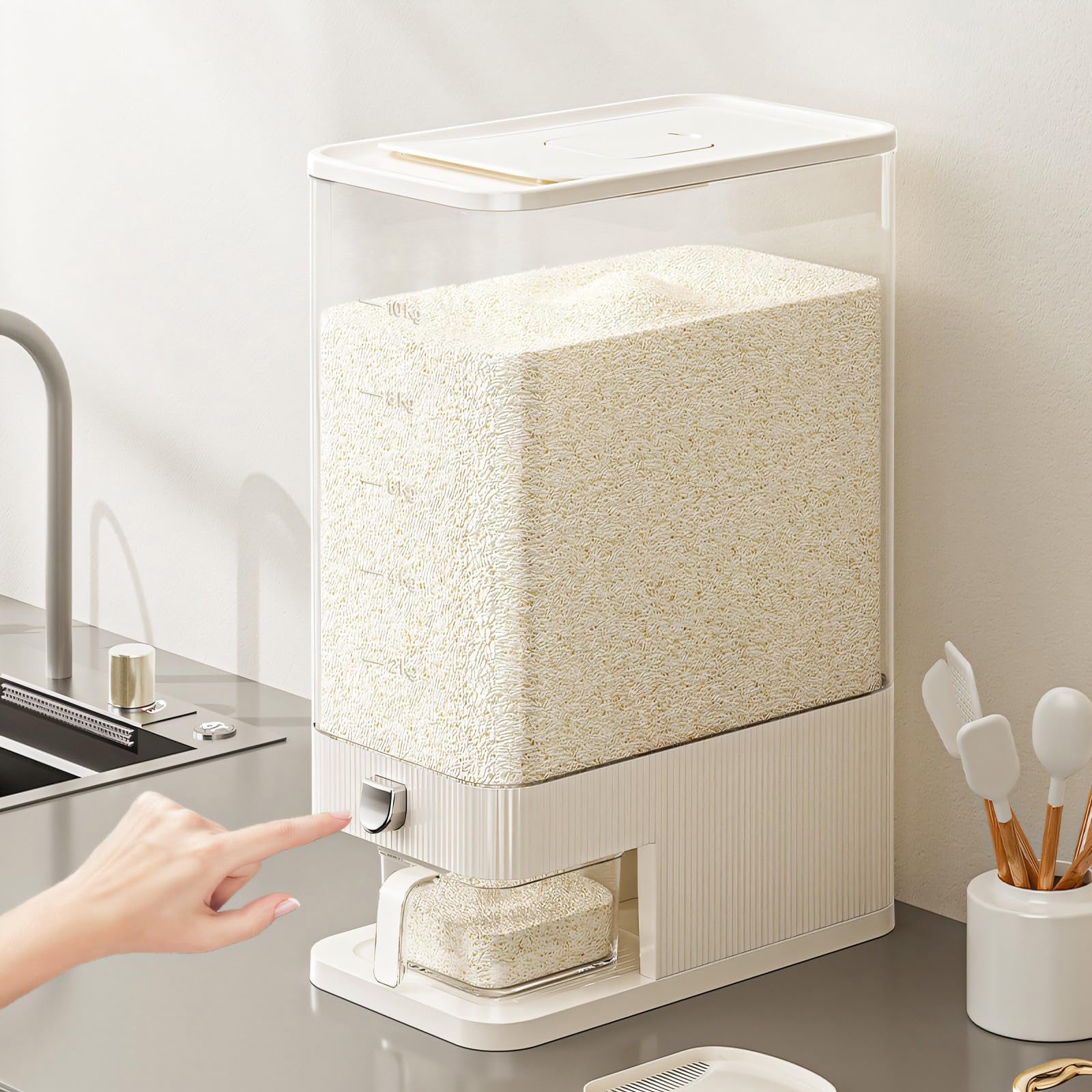 GUDEMAY Rice Dispenser with Measuring Cup and Fresh Box, Cereal Dispenser Storage Container - Ideal for Home Pantry - Keeps Rice, Soybeans, and Sugar Fresh