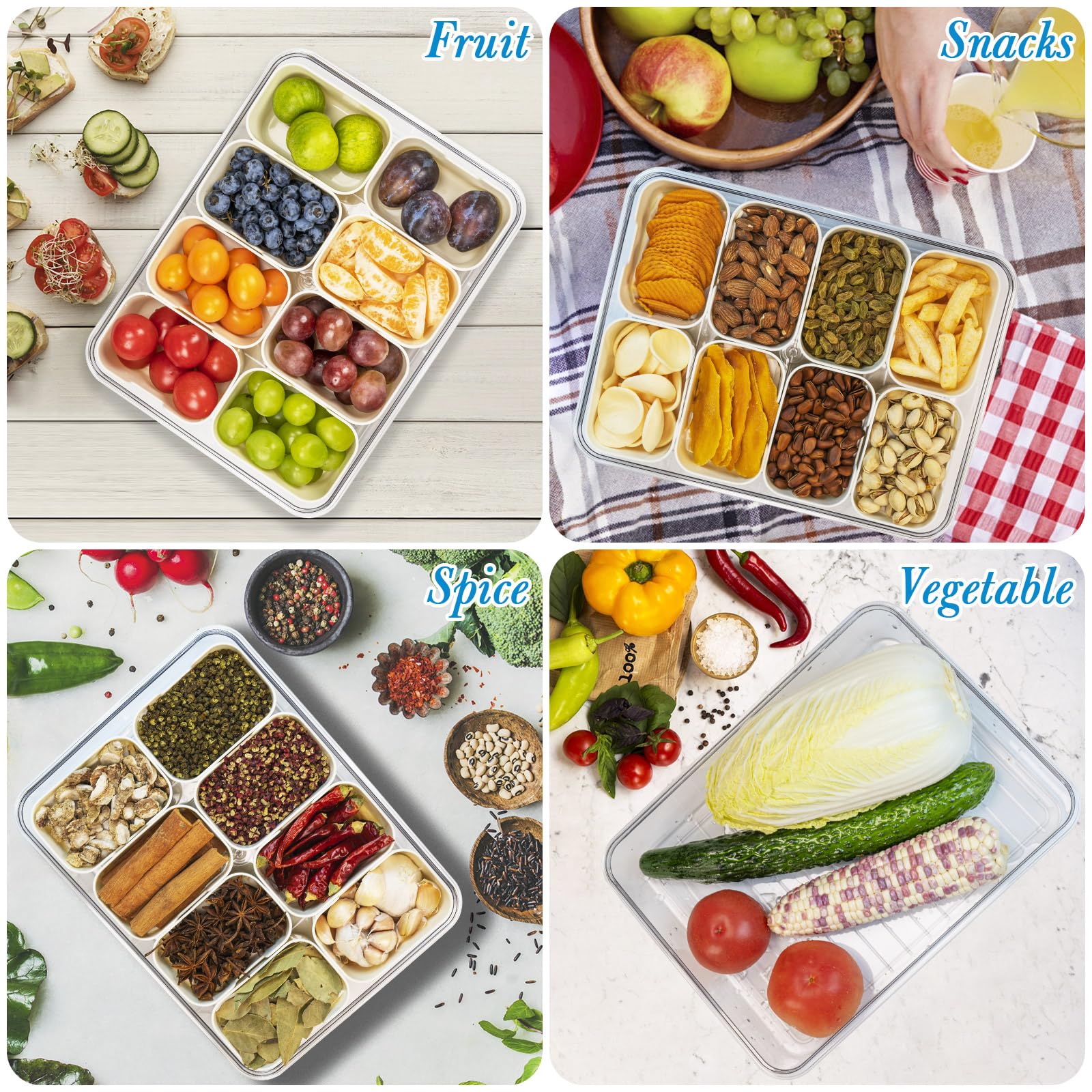 Snackle Box Container,Divided Serving Tray with Lid,Snack Boxes for kids/adults,Snack Tray for party/ travel/beach/ (with 4 Forks)