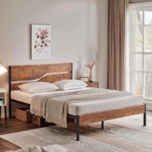 vecelo full size platform bed frame with wood headboard, solid and strong metal support, no box spring needed