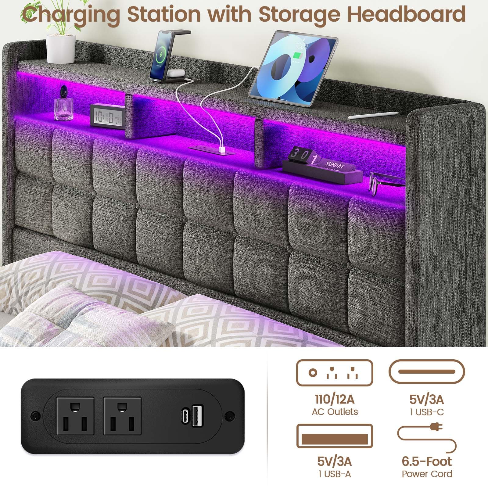 Driftalia Lift Up King Size Bed Frame with Storage, Upholstered King Bed Frame with Charging Station and LED Lights Headboard, No Box Spring Needed, Easy Assembly - Dark Grey