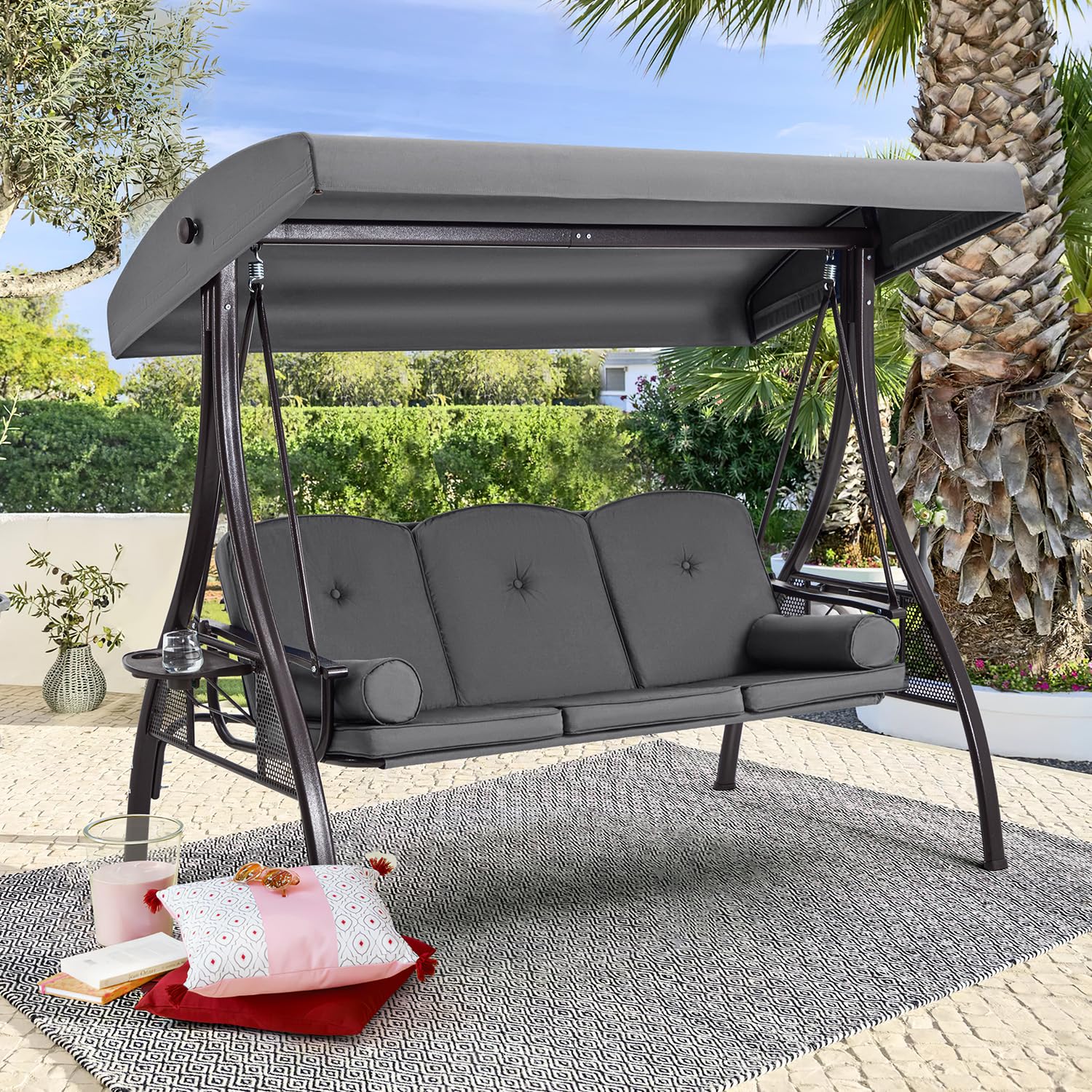 HOMREST 3 Person Outdoor Porch Swing with 1.5" Deep Cup Holder, Adjustable Canopy, Backrest, Patio Swing Bed with Weather Resistant Steel Frame, Cushions for Garden,Deck and Poolside(Grey)