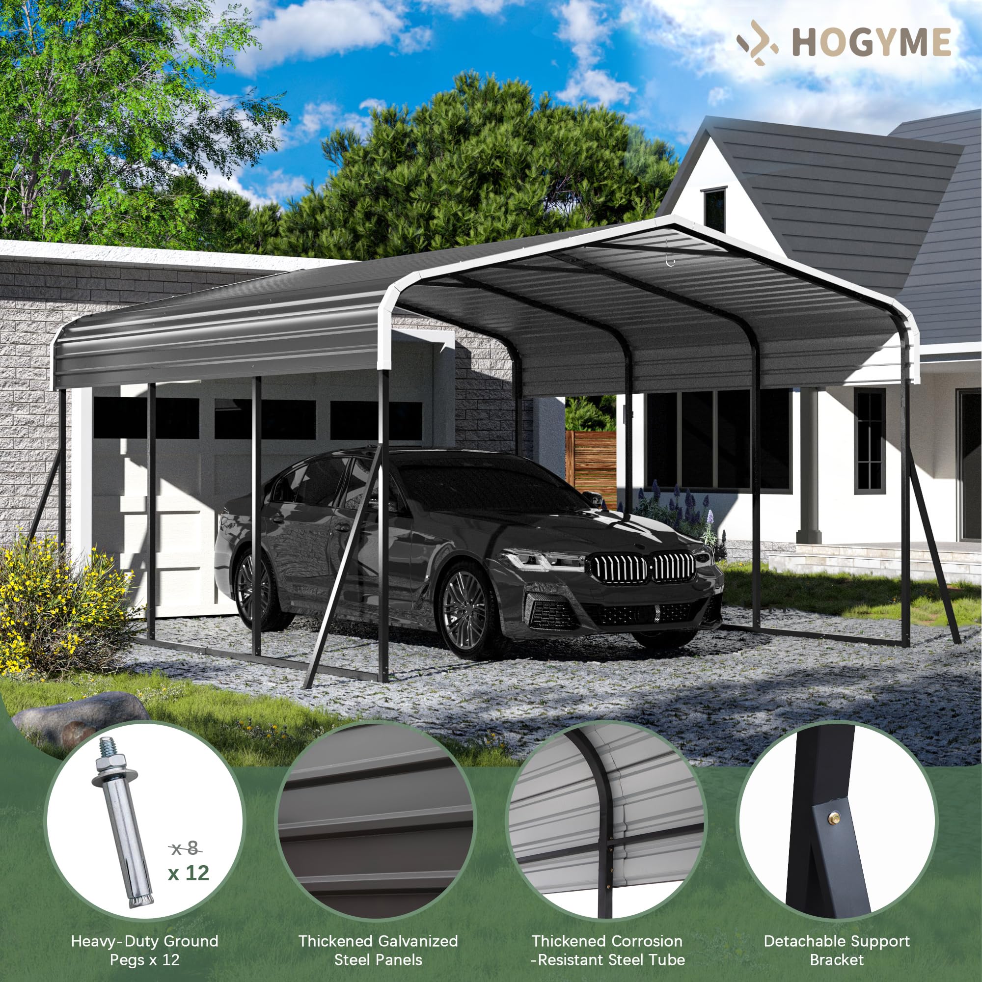 HOGYME Carport 10x15 FT Heavy Duty Carport Canopy with Updated Frame Structure Galvanized Steel Roof and Enhanced Base, Metal Carport Garage for Pickup, Boat, Car and Tractors, Grey