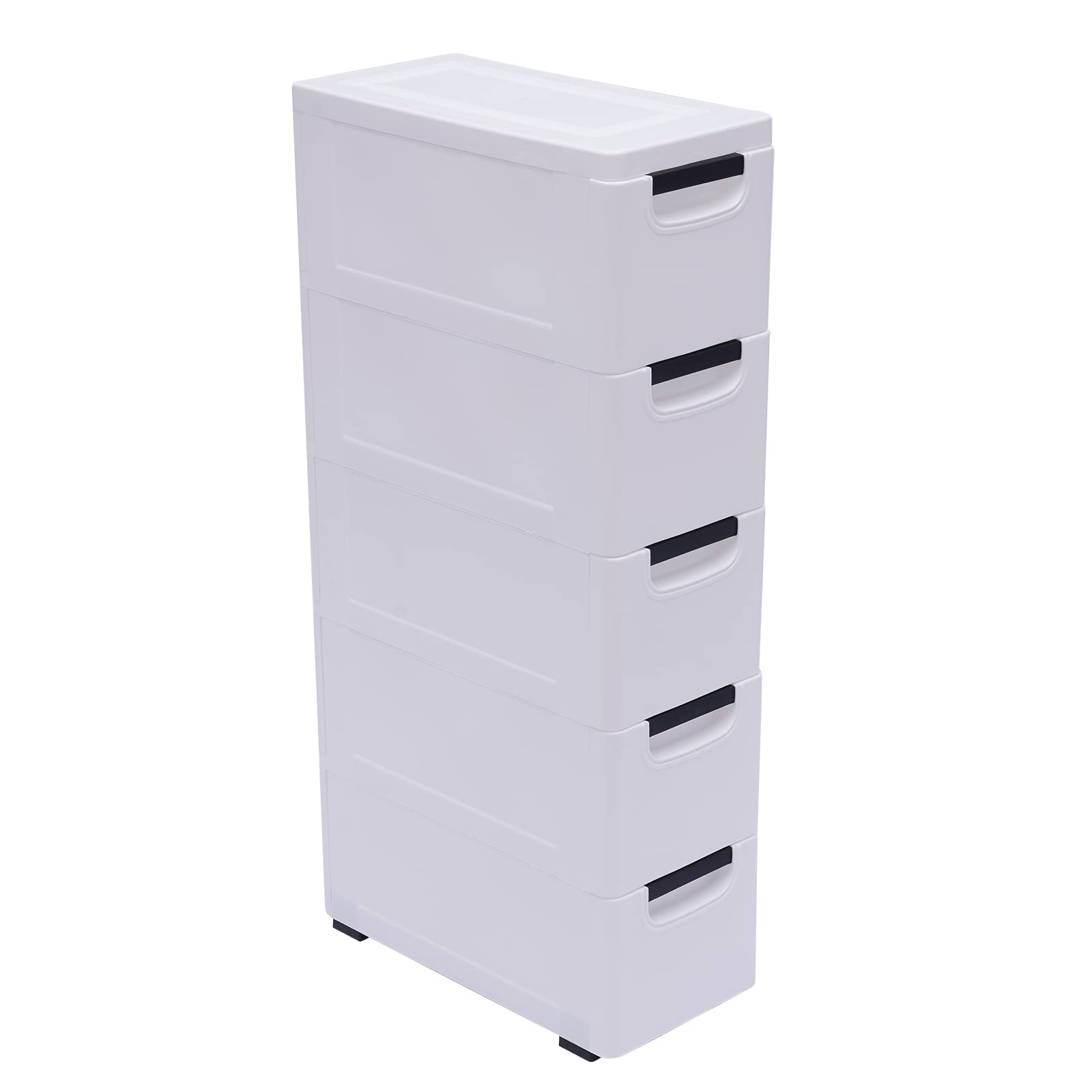 Rocoreny 5 Tiers Plastic Storage Drawer Units,Closet Organizer Stacking Vertical Freestanding Shelf Drawer Dresser With Casters For Bedroom Living Room Playroom Toys (White 7.87 * 15.75 * 33in)