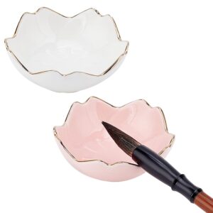 ph pandahall 2pcs flower ceramic ink plate, paint pallets multifunctional bowl porcelain ink dish chinese brush rests brush stands for calligraphy sumi-e painting japanese prints, white pink