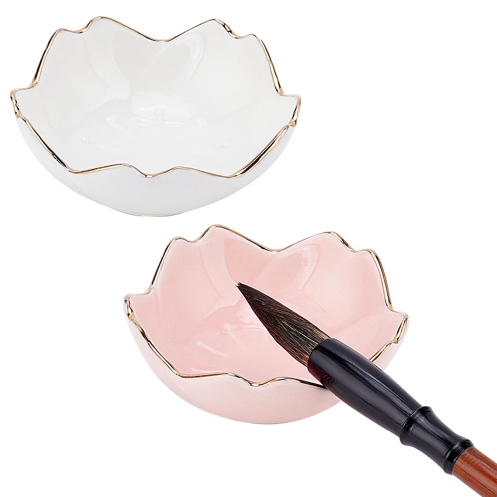 PH PandaHall 2PCS Flower Ceramic Ink Plate, Paint Pallets Multifunctional Bowl Porcelain Ink Dish Chinese Brush Rests Brush Stands for Calligraphy Sumi-E Painting Japanese Prints, White Pink