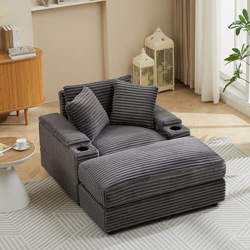 Eafurn Oversized Chaise Lounge Sofa Chair with Movable Ottoman, 43.3" W Corduroy Upholstered Convertible Sleeper Corner Sofabed with Detachable Seat&Back Cushion for Living Room Office