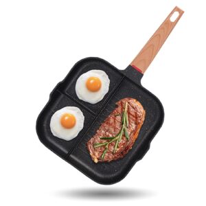 justup nonstick frying pan,3-in-1 egg pan versatile divided grill pan with pour spouts,3 section breakfast skillet omelette pan for stove tops, pfoa free (black), 11 inch