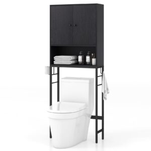 giantex over the toilet storage cabinet - toilet shelf rack with anti-tip device, open compartment, adjustable shelf & bottom bar, bathroom space saver, over toilet bathroom organizer (black)