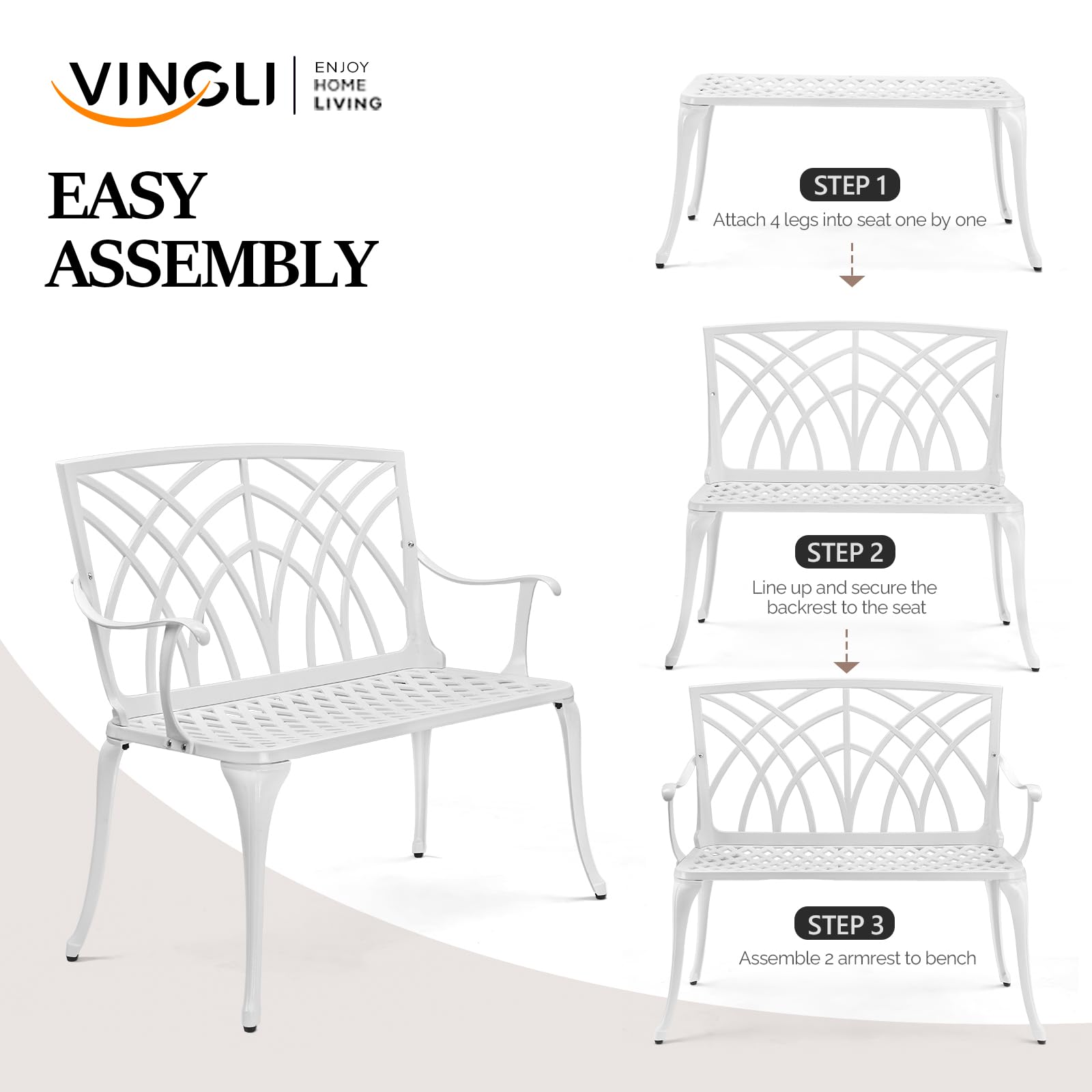 VINGLI 38" Outdoor Bench Cast Aluminium Garden Bench, Orchid Porch Bench Patio Bench Deck Furniture for 1-2 Person Seat(White)