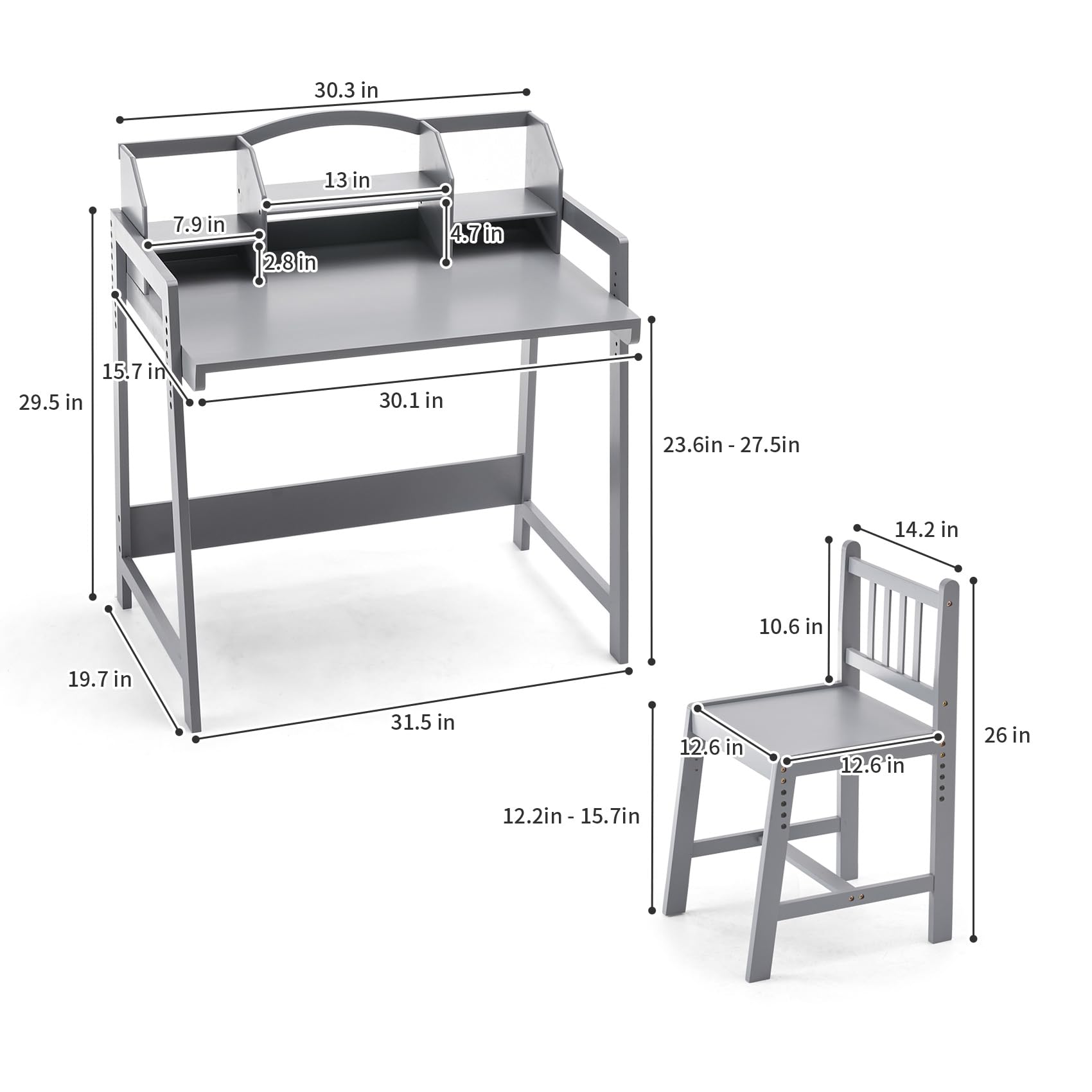 UNICOO Height Adjustable Bamboo Kids Desk and Chair Set - Ergonomic Kid Desk and Chair Set for Study, Writing, and Homework - Durable and Eco-Friendly Kids' Desks for Home and School (Grey)