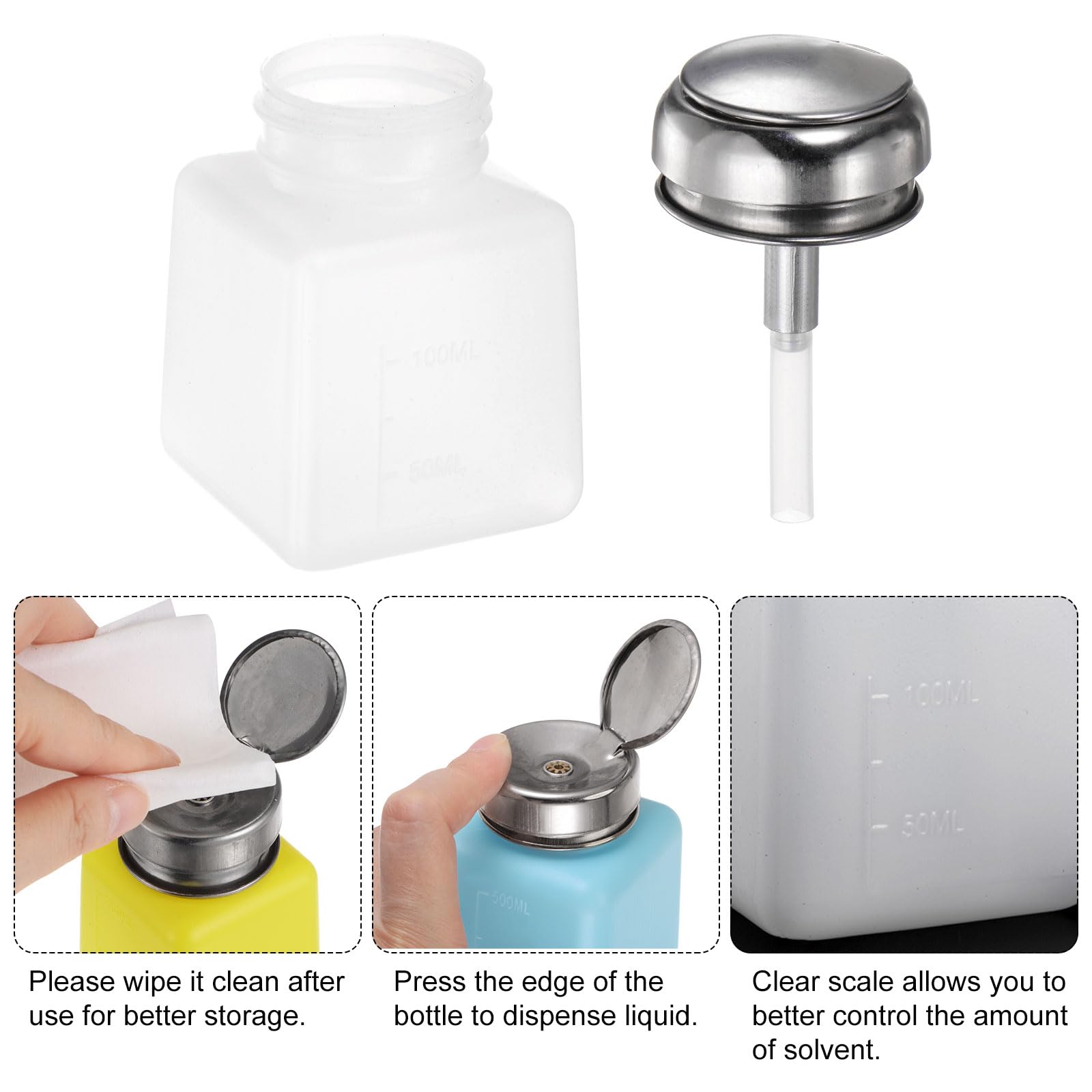 HARFINGTON 3pcs Solvent Alcohol Dispensers 100ml(3.4oz) Push Down Liquid Dispenser Pump Bottle with Sealing Stainless Steel Lid for Acetone Cleanser Polish Remover, White