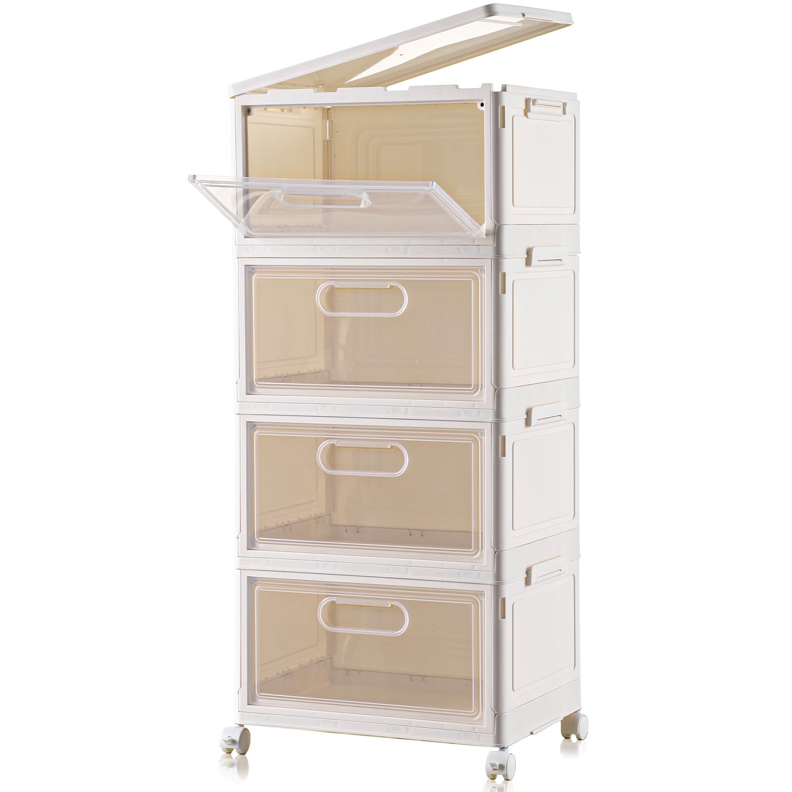 4 Tier Stackable Storage Bins, 23QT Storage Containers, Clear Plastic Storage Bins with Magnetic Doors, Large Collapsible storage box, Multifunctional Stackable Storage Drawers for Home, Office