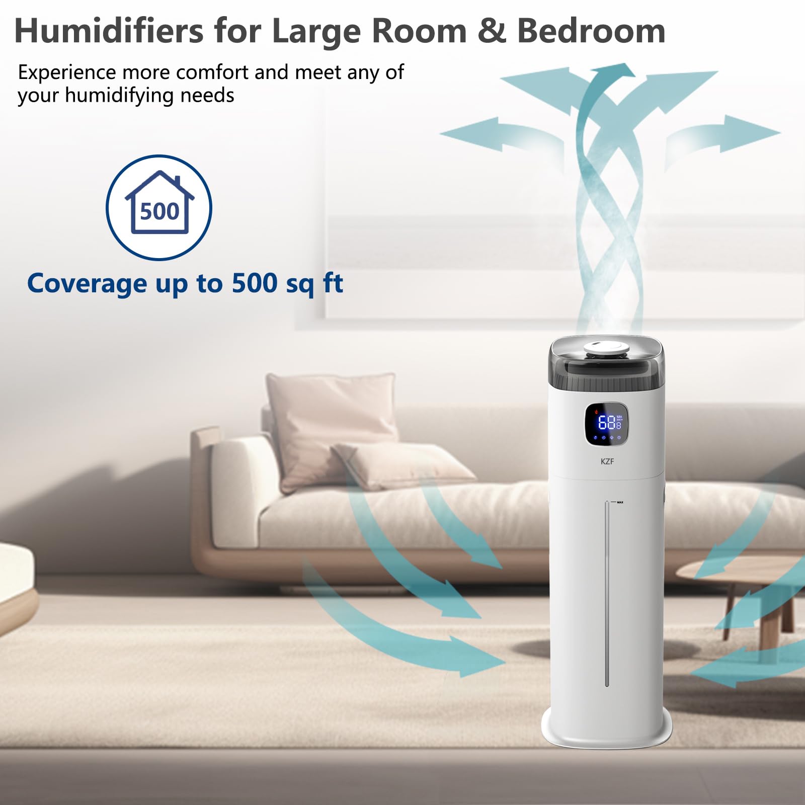 KZF Humidifier for Large Bedroom, 9L/2.5Gal Ultrasonic Cool Mist Humidifier, Easy Clean Humidifier with 350ML/H Large Mist Speed, Quiet Tower Humidifier, Suitable for Kids Room Plant Yoga (White)