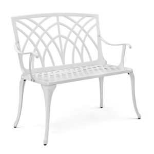 vingli 38" outdoor bench cast aluminium garden bench, orchid porch bench patio bench deck furniture for 1-2 person seat(white)