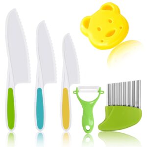 montessori kitchen tools for toddlers, kids knife set for real cooking,serrated edges plastic knives,peeler, crinkle cutter,toddler chef knife set(6 pcs)