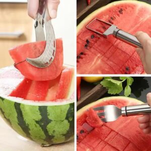 Generic New 2 pcs Set 2-in-1 Stainless Steel Fruit Cutter, Watermelon Melon Cutter with Fork, Tool 2 pcs Watermelon Slicer for Kitchen (Silver)