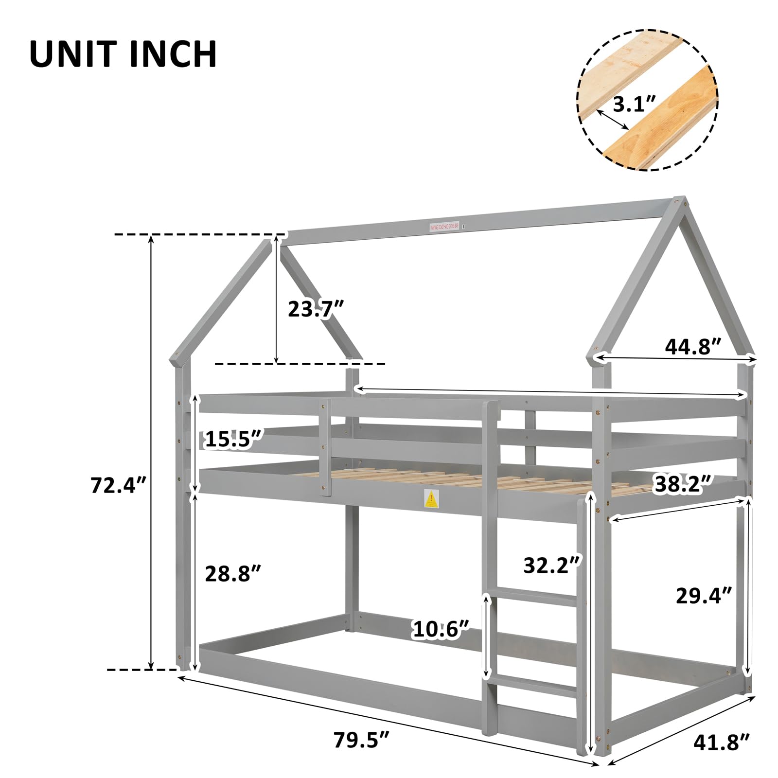 AnwickNomo Twin Over Twin Low Loft Bed, Wood Bunk Bed with House Shape and Full-Length Guardrail, Kids Bed for Boys Girls and Teens, Space-Saving, Solid Wood Frame, No Box Spring Needed (Grey)