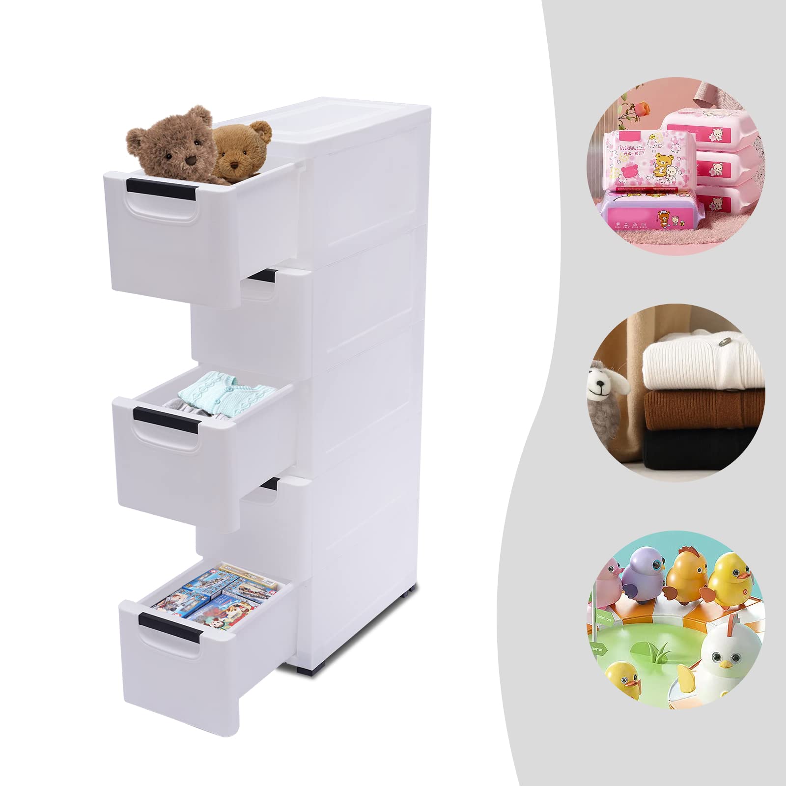 Rocoreny 5 Tiers Plastic Storage Drawer Units,Closet Organizer Stacking Vertical Freestanding Shelf Drawer Dresser With Casters For Bedroom Living Room Playroom Toys (White 7.87 * 15.75 * 33in)