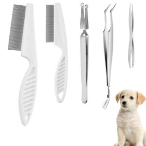 6 pcs tick removal tool kit for pets, 3 stainless steel tick tweezers with storage pouch and 2 tick comb grooming tools for cats & dogs safe tick control puller for complete removal of ticks fleas