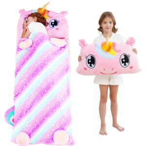 kid sleeping bag with pillow - larger toddler nap mat - plush unicorn slumber bag for boys girls daycare preschool kindergarten birthday gift travel sleepover ages 3-12 years