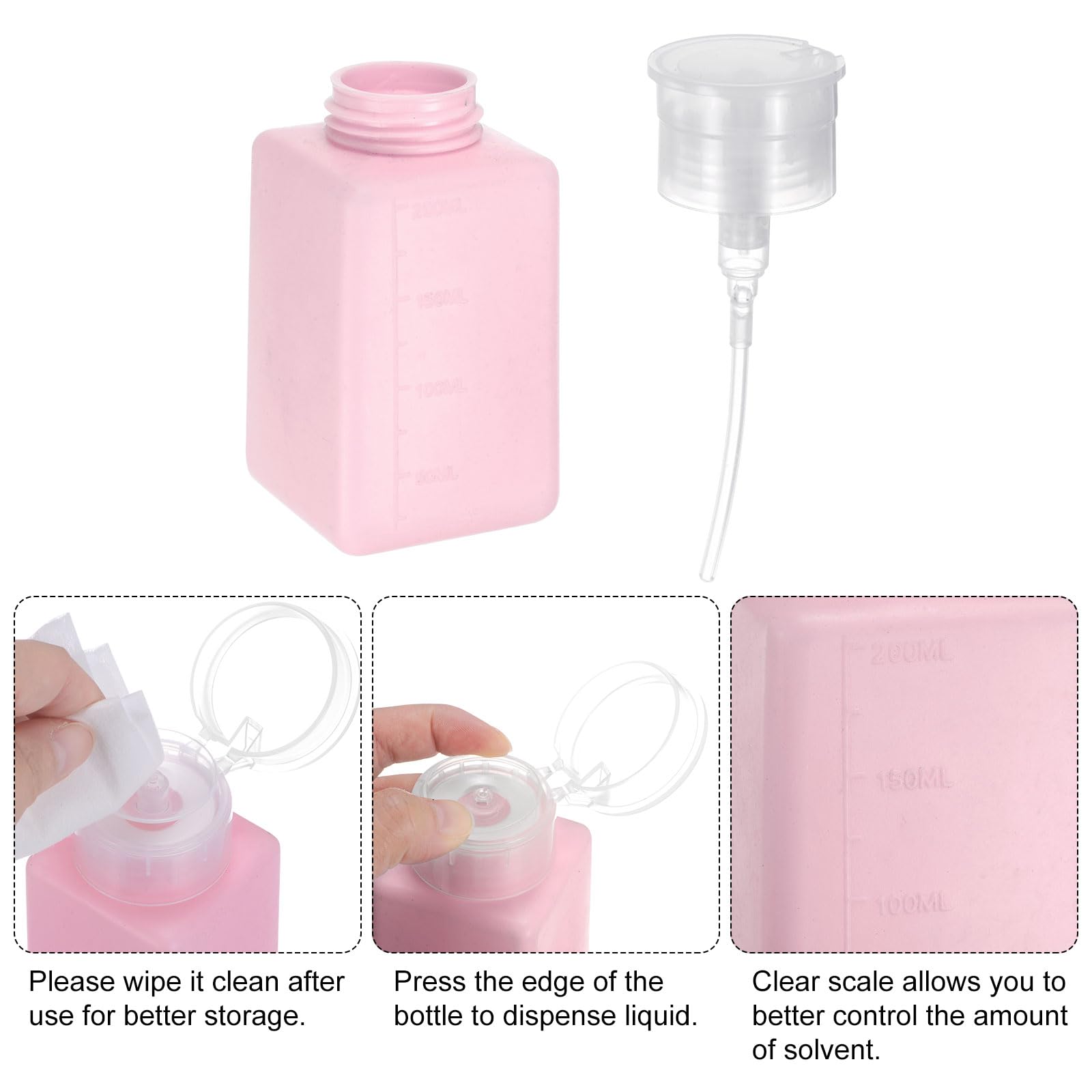 HARFINGTON Solvent Alcohol Dispenser 200ml(6.8oz) Press Type ESD Safe Anti-Splash Liquid Dispenser Pump with Sealing plastic Lid for Alcohol, Nail Polish & Makeup Remover, Pink