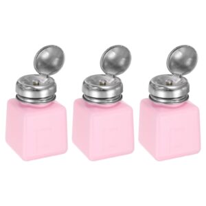 harfington 3pcs solvent alcohol dispenser 100ml(3.4oz) press type esd safe anti-splash liquid dispenser pump with sealing stainless steel lid for acetone cleanser, polish remover, pink