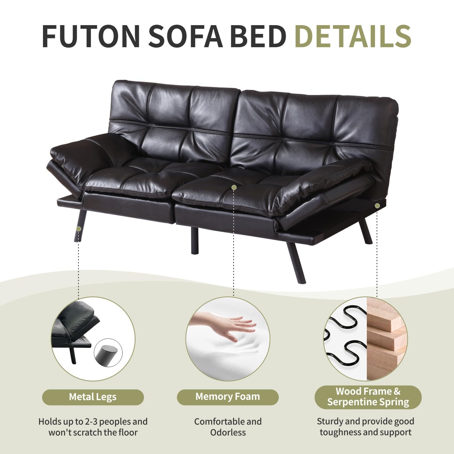 MUUEGM Futon Sofa Bed,Convertible 71" Couch Sofa,Faux Leather Sleeper Sofa with Adjustable Backrest for Living Room,Memory Foam Sofa Futon Couch Bed,Black