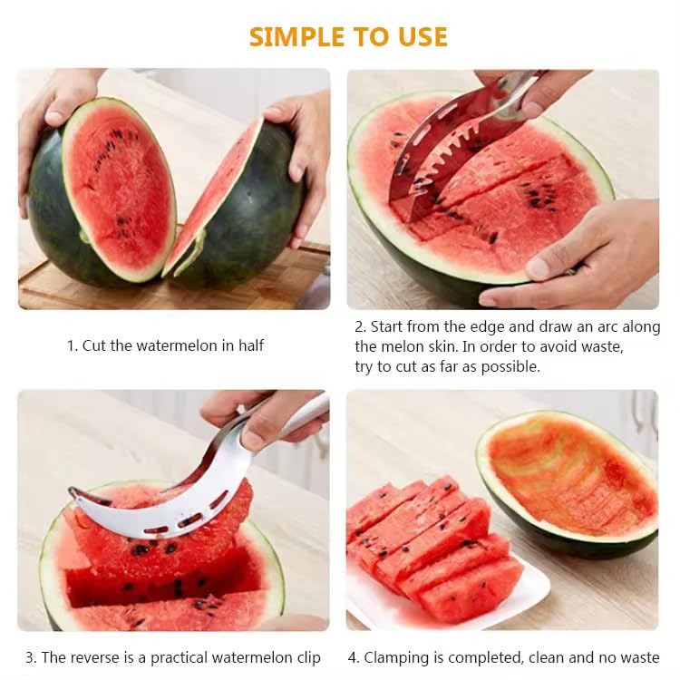 Generic New 2 pcs Set 2-in-1 Stainless Steel Fruit Cutter, Watermelon Melon Cutter with Fork, Tool 2 pcs Watermelon Slicer for Kitchen (Silver)