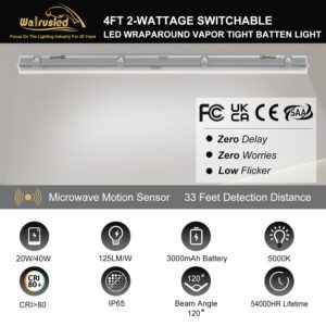 4FT Tri-Level Sensor LED Vapor Tight Emergency Light, Battery Backup, IP65 IK08, 20W(2500lm)/40W(5000lm) Selectable, 5000K, Dimmable, Outdoor Waterproof Shop Light, Vapor Proof Lighting Fixture, FCC