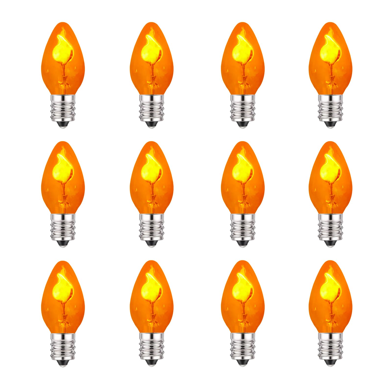 Halloween Flickering Flame Light Bulbs, C7 Orange Flicker Flame Light Bulbs E12 Base Bulb, Flame Light Bulb for Candle Chandelier Nightlight String Lights Christmas Halloween Decor, 1 Watt, 12 Pack