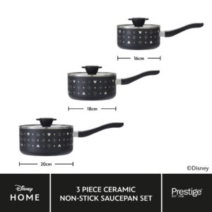 Prestige x Disney Monochrome Ceramic Non Stick Saucepan Set of 3 with Lids - 16, 18 & 20cm Induction Saucepan Set, PFAS & PFOA Free, Non Toxic Cookware