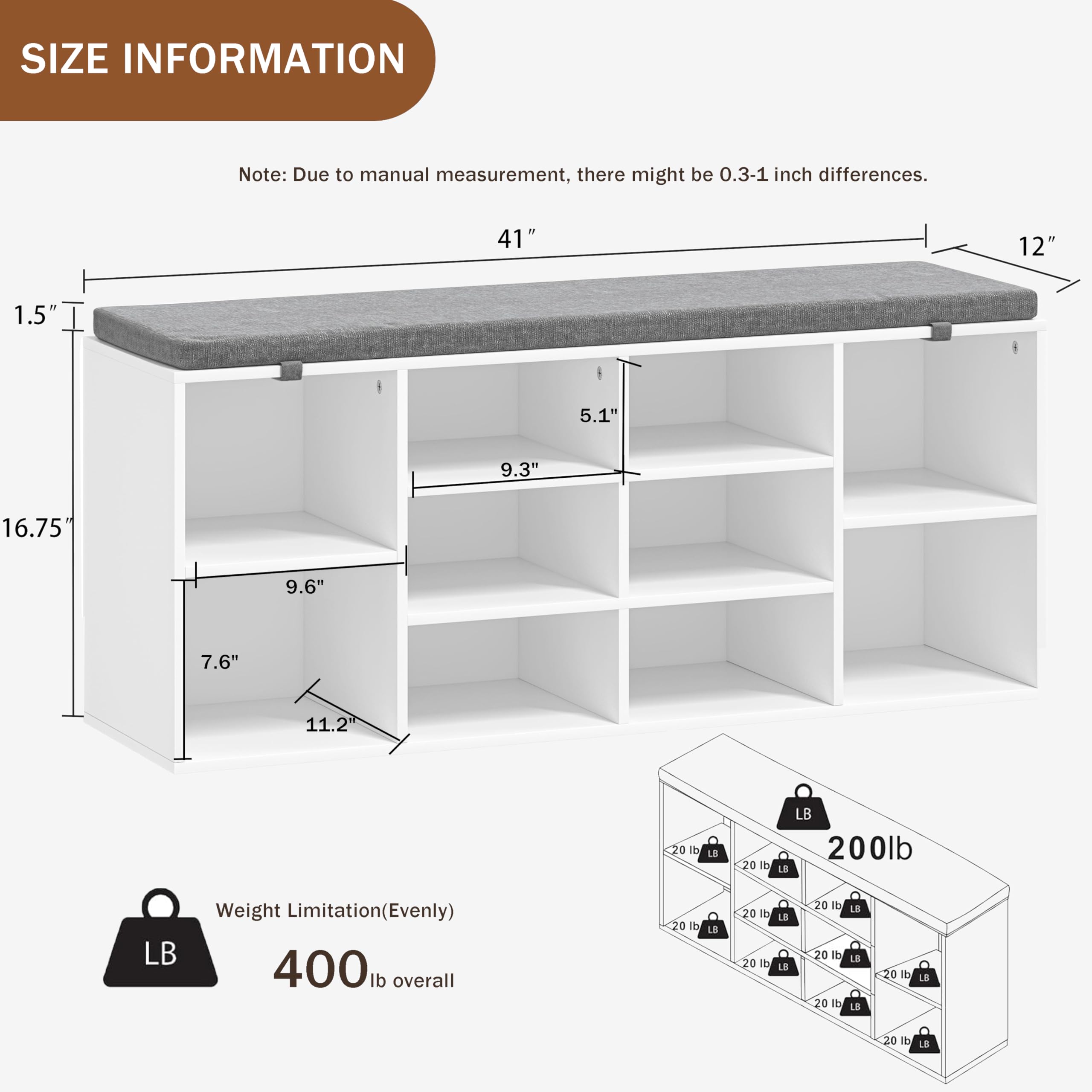 NUNU LAB Shoe Storage Bench, Shoe Bench with Removable Cushion, Storage Entryway Bench with 10 Cubbies, Space Saving Shoe Rack with Bench, 41 x 12 x 16.75 Inches, White Shoe Bench