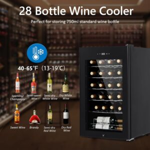 28 Bottle Compressor Wine Cooler Refrigerator w/Lock, Compact Wine Cellar For Red, White, Champagne or Sparkling Wine, Digital Temperature Control,40f-65f Digital Temperature Control,Soft LED Light