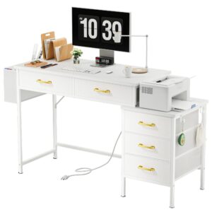 yilqqper computer desk with charging station, home office desks with printer stand, pc desk with 5 fabric drawers, white desk with storage, vanity desk for small space, white