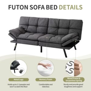 MUUEGM Futon Sofa Bed,Convertible 71" Couch Sofa, Modern Grey Sleeper Sofa with Adjustable Backrest for living room,Memory Foam Sofa Futon Couch Bed,Dark Grey