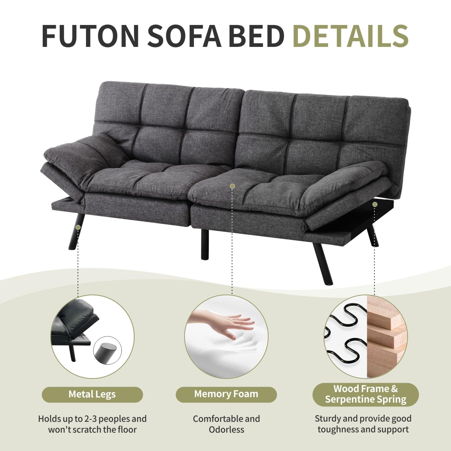 MUUEGM Futon Sofa Bed Couch, Memory Foam Futon Convertible Futon Couch, Sofa Bed Couch,Modern Loveseat Daybed Sofa,Comfy Sleeper Couch for Apartment, Living Room,Easy Assemble,Grey