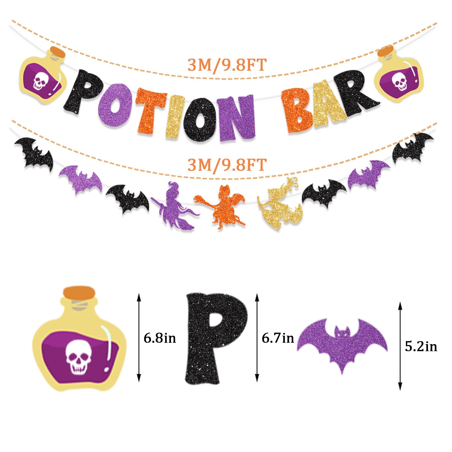 FHGG Glitter Potion Bar Halloween Banner Decor with Potion Signs Hocus Pocus Banner Witch Party Decorations Potion Halloween Decor for Haunted House, Bat Decorations, Halloween Mantle Home Decor