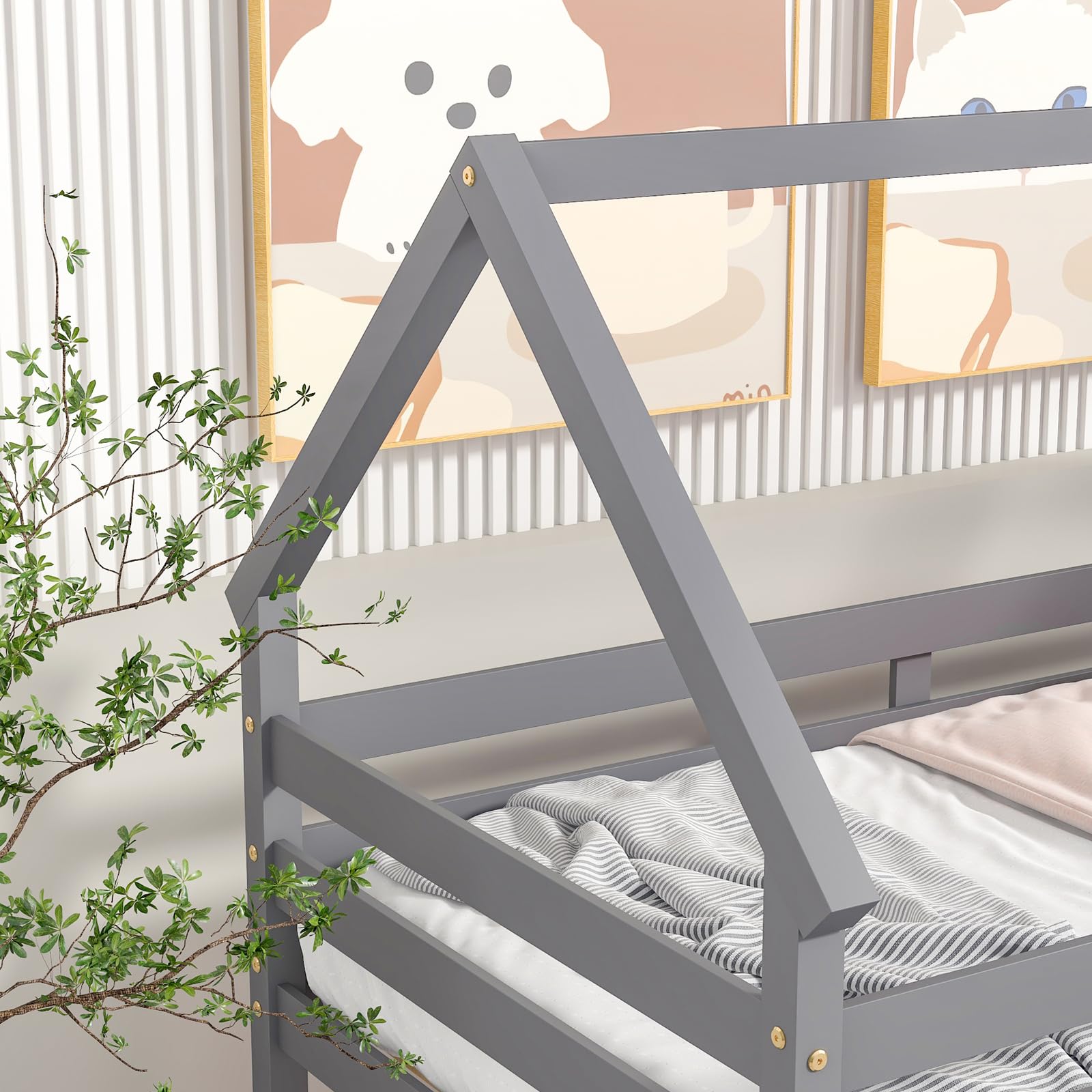 AnwickNomo Twin Over Twin Low Loft Bed, Wood Bunk Bed with House Shape and Full-Length Guardrail, Kids Bed for Boys Girls and Teens, Space-Saving, Solid Wood Frame, No Box Spring Needed (Grey)