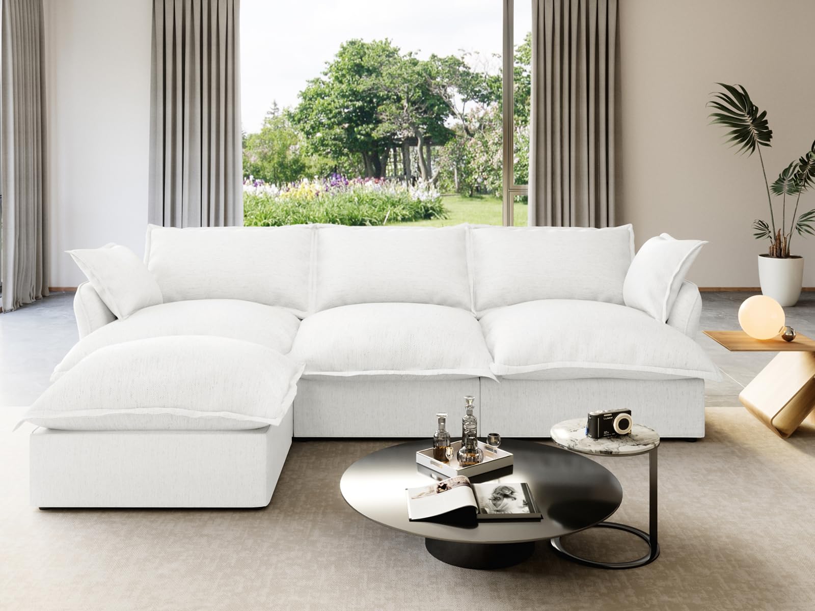 Gtilzria Modular Cloud Sectional Linen Sofa for Living Room,L Shape Couch with Reversible Chaise,Deep Seat Couch,Down Filled Sofas,Detachable Washable Couches Cushion Covers,for Apartment,Office,White