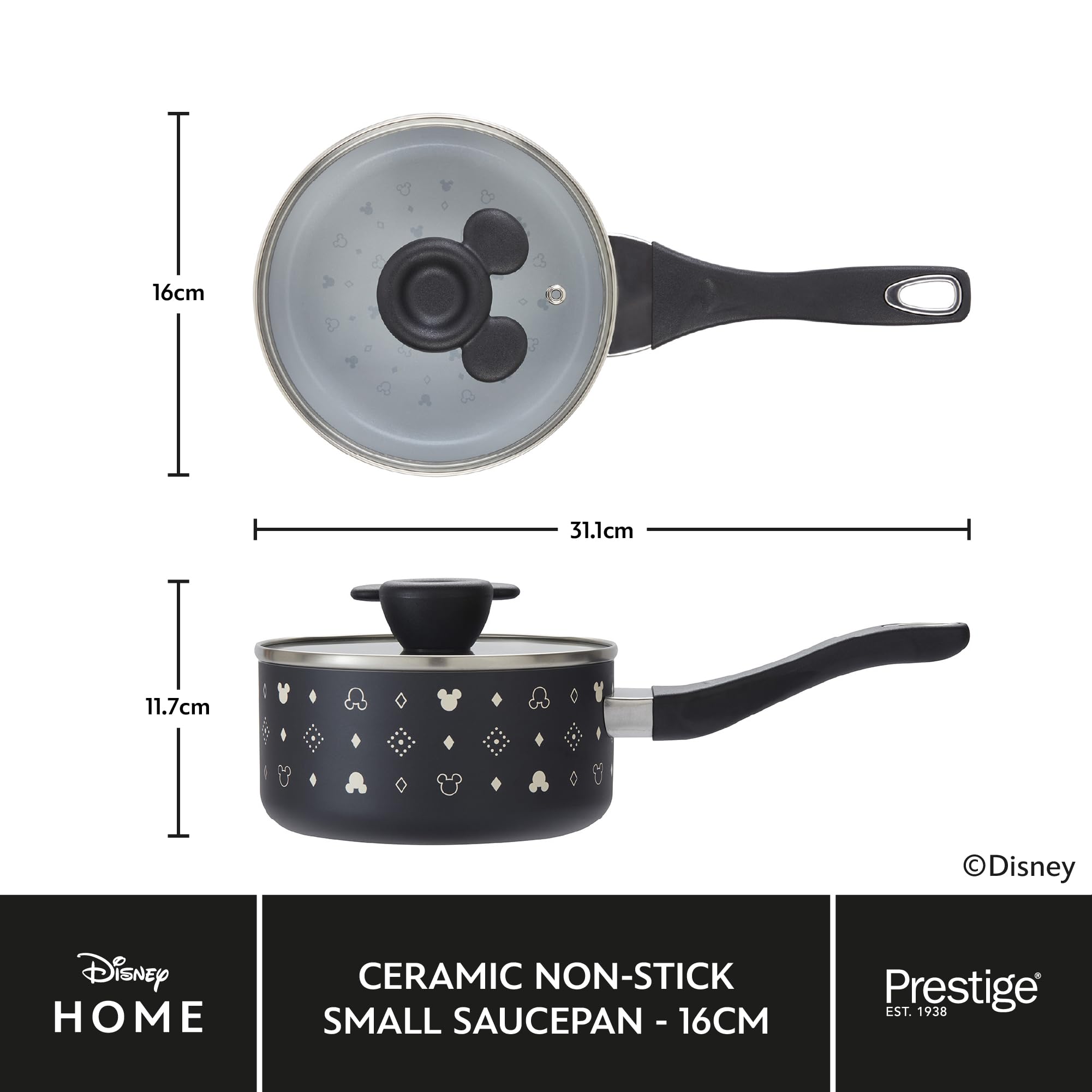 Prestige x Disney Monochrome Ceramic Non Stick Saucepan Set of 3 with Lids - 16, 18 & 20cm Induction Saucepan Set, PFAS & PFOA Free, Non Toxic Cookware