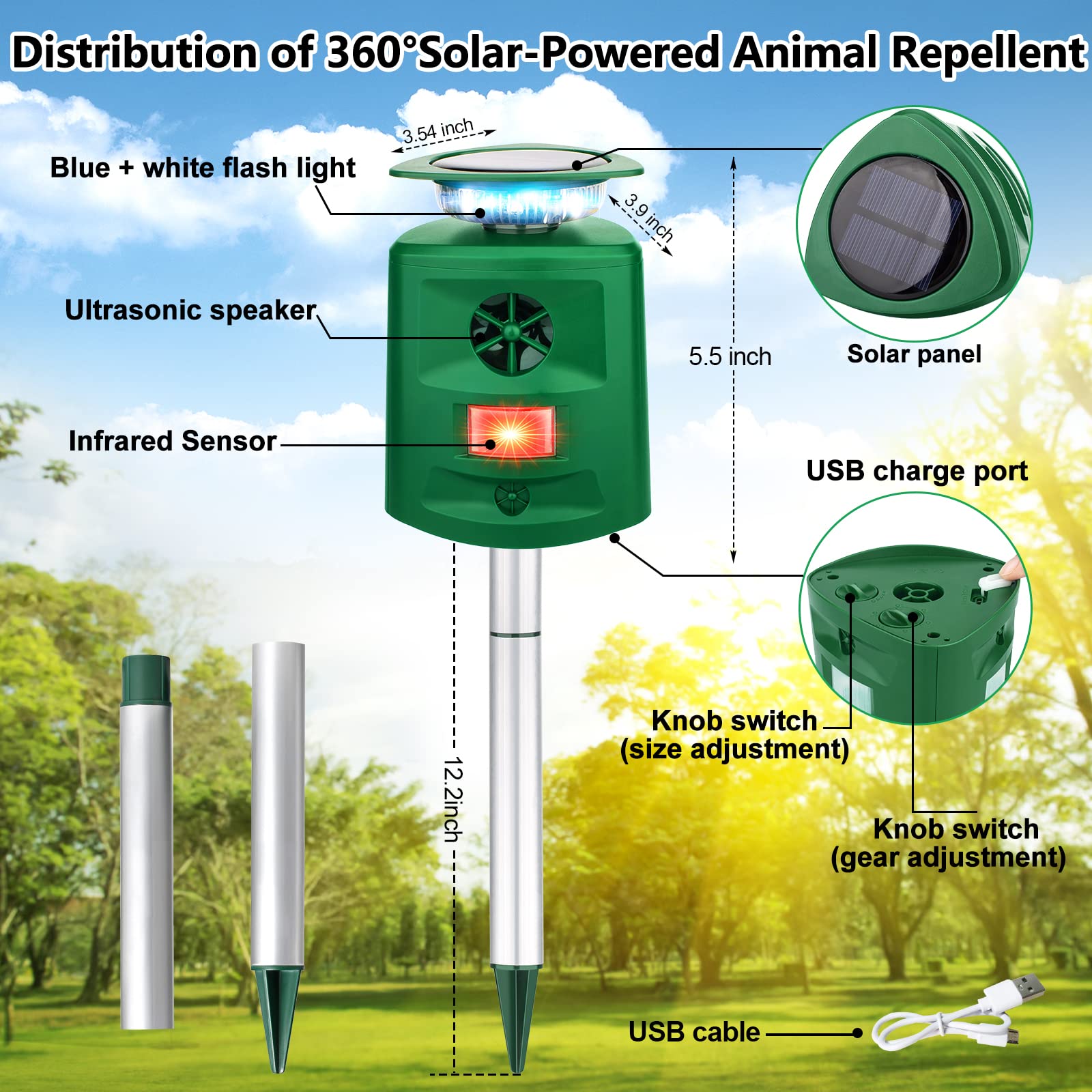 Solar Animal Repeller, 360°Ultrasonic Animal Repeller, Cat Repellent Outdoor, Dog Repellent, Motion Sensor & Flashing Light, Repel Dogs, Deer, Fox, Raccoon, Skunk, Rabbit, Squirrels, Coyote Deterrent