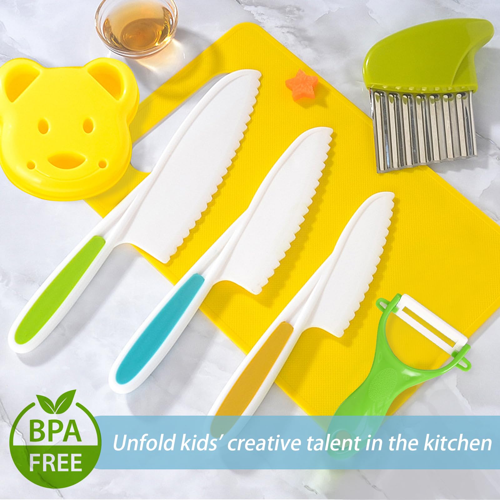 Montessori Kitchen Tools for Toddlers, Kids Knife Set for Real Cooking,Serrated Edges Plastic Knives,Peeler, Crinkle Cutter,Toddler Chef Knife Set(6 Pcs)